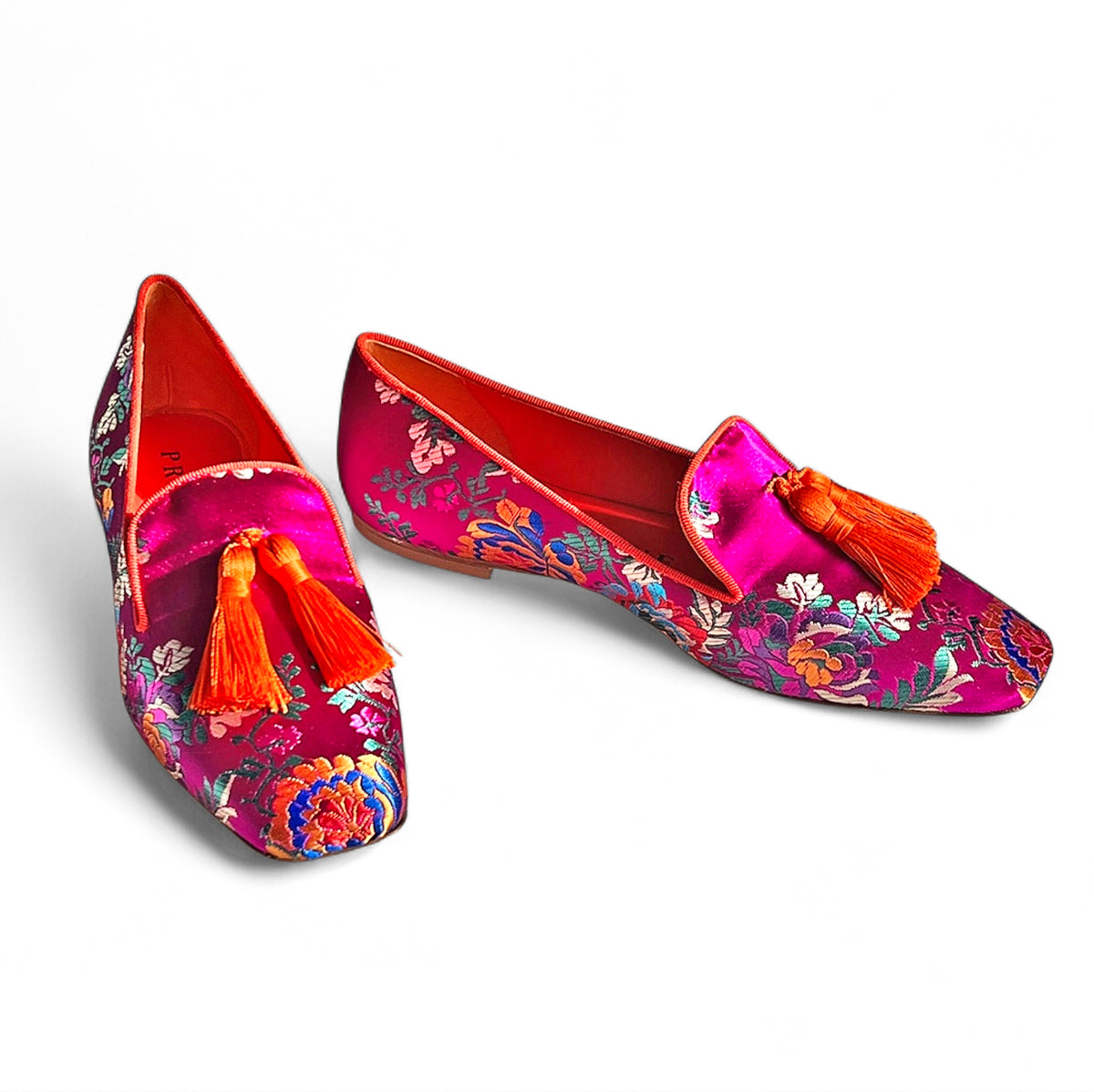 Bright Pink Silk Brocade Loafers | Mandarina Shoes